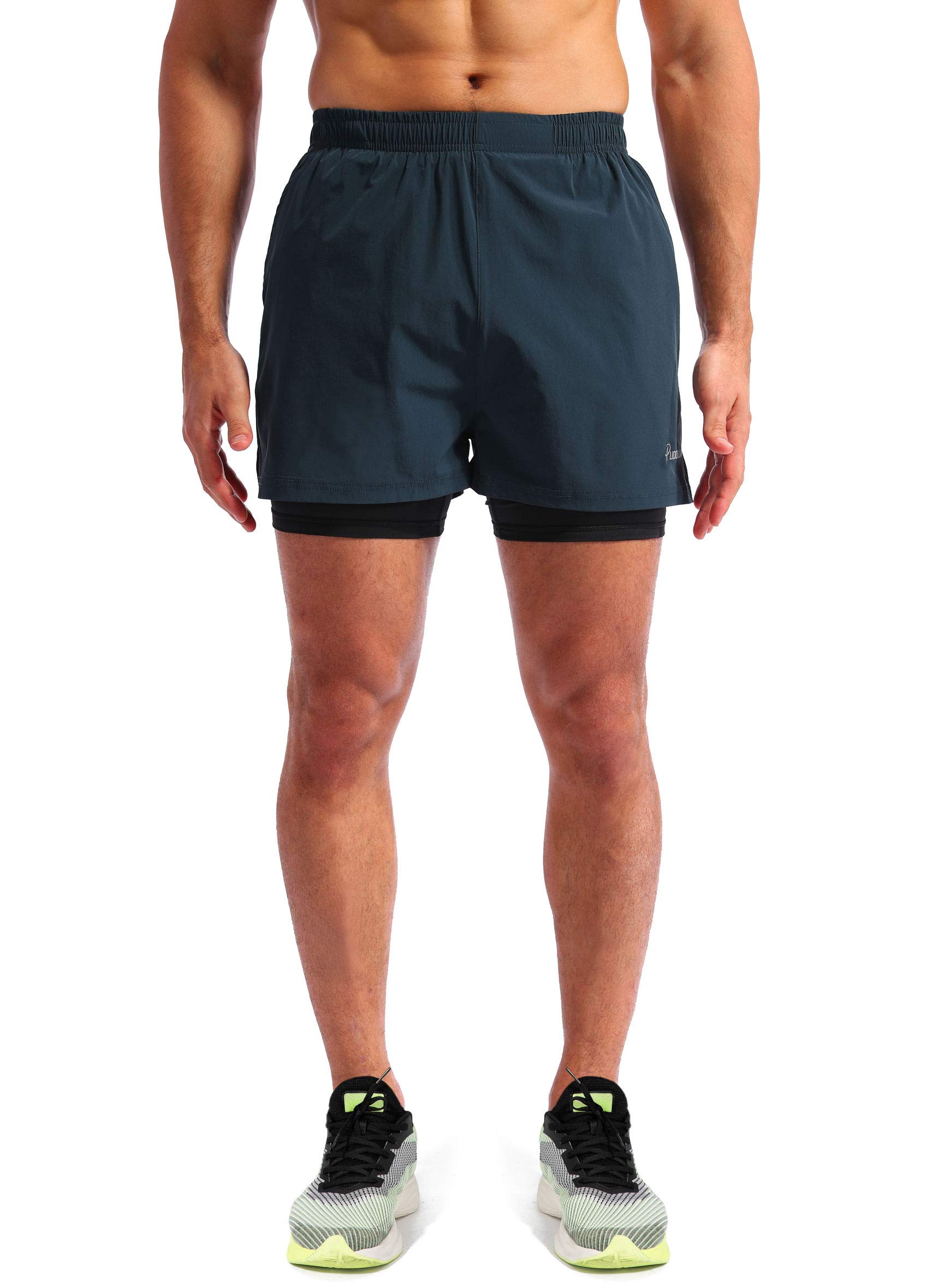 Pudolla Men’s 2 in 1 Running Shorts 5" Quick Dry Gym Athletic Workout Shorts for Men with Phone Pockets(Navy Blue Small)