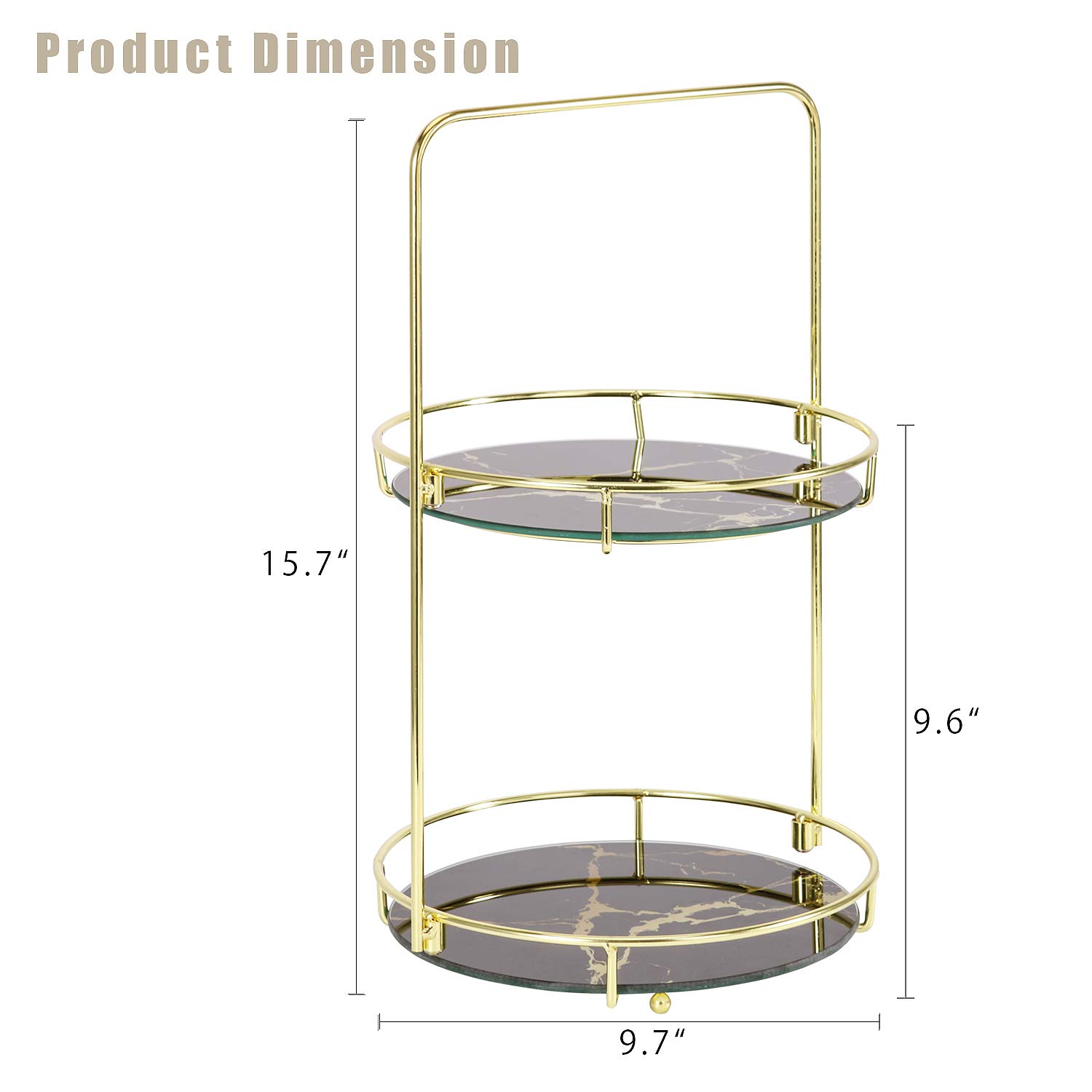 Simmer Stone Makeup Organizer Shelf, 2 Tier Cosmetic Storage Basket with Removable Glass Tray, Round Wire Vanity Organizer Rack for Dresser, Countertop, Bathroom and More, Gold