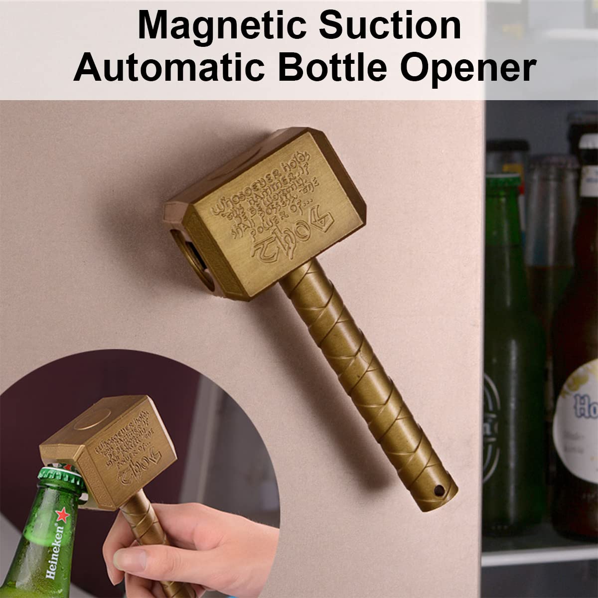 VEADOOLLY Thor Hammer Beer Bottle Opener with Magnetic Cap for Attachment Fridge Door, Stainless Steel Automatic Beer Bottle Opener Ideal for Home, Bar, and Kitchen - Gift for Beer Lovers (Gold)
