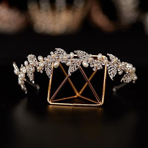SWEETV Pearl Bridal Headband Silver Tiara for Bride Headpiece Crystal Leaf Wedding Hair Accessories Jewelry Tiaras for Women