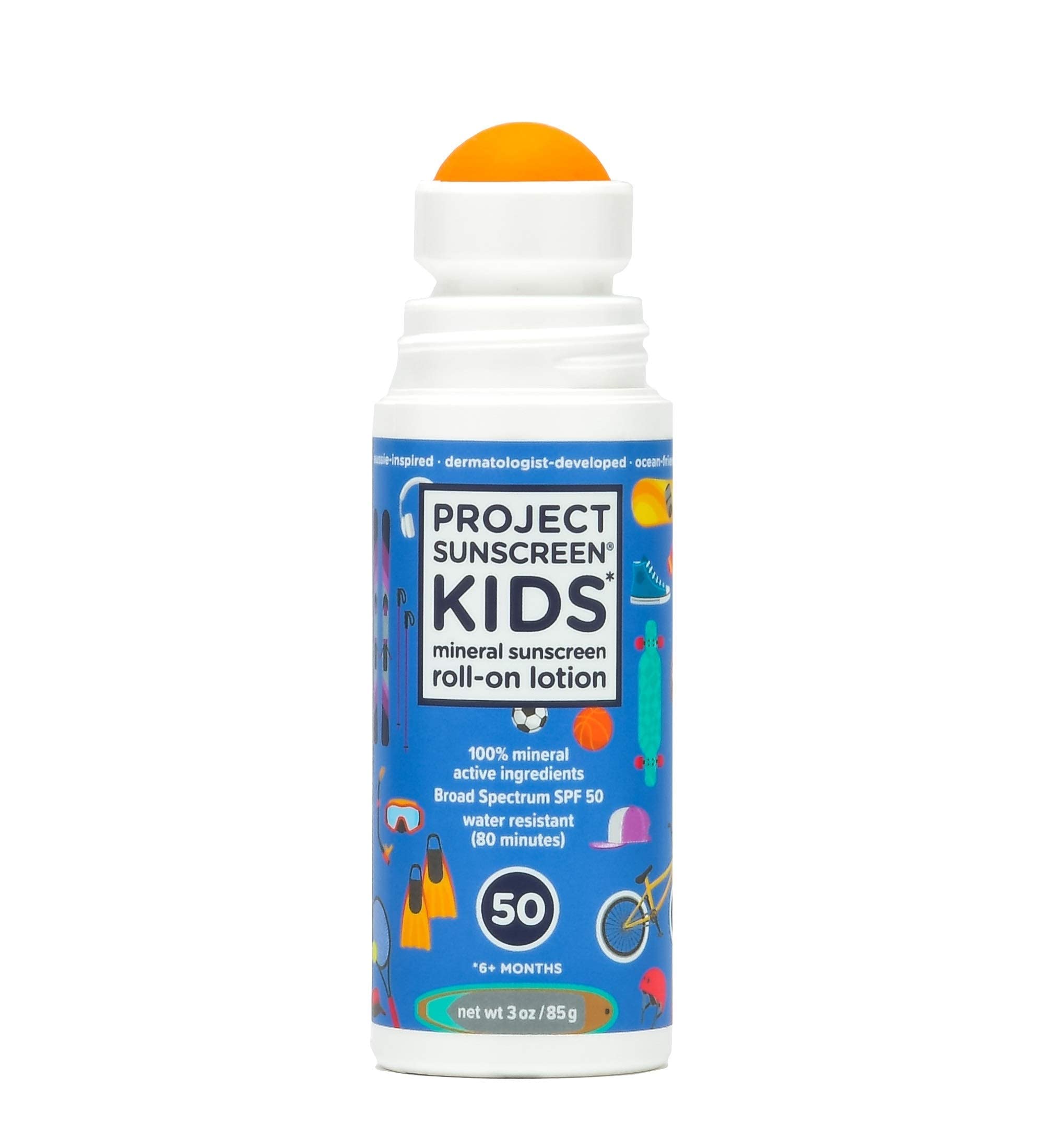 Project Sunscreen Roll-On SPF 50 Sun Protection for Kids - Natural Mineral Based and Water Resistant Formula For Sensitive Skin - 3 Ounce, All Fun & Games - Blue