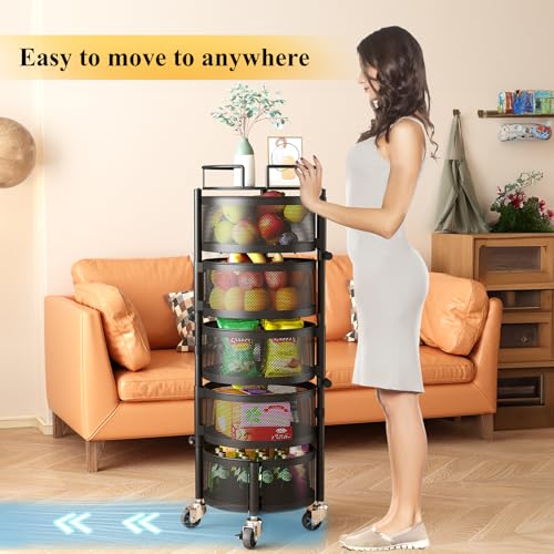 SNTD Fruit and Vegetable Basket Bowls for Kitchen with Metal Top Lid, 5 Tier Rotating Storage Rack Cart for Potato Onion Bread Banana, Wire Basket Organizer on Wheels, Large, Black