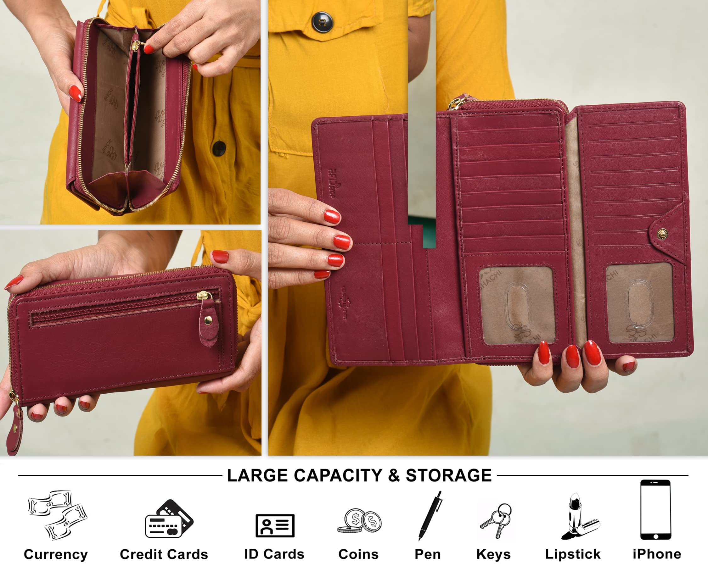 Womens Leather Wallet Rfid Blocking Zip Around Clutch 2 ID Window With 32 Slots | Real Smooth Genuine Leather Wallet | Multiple Card Holder | Compact Premium Best Handmade Gift | Burgundy