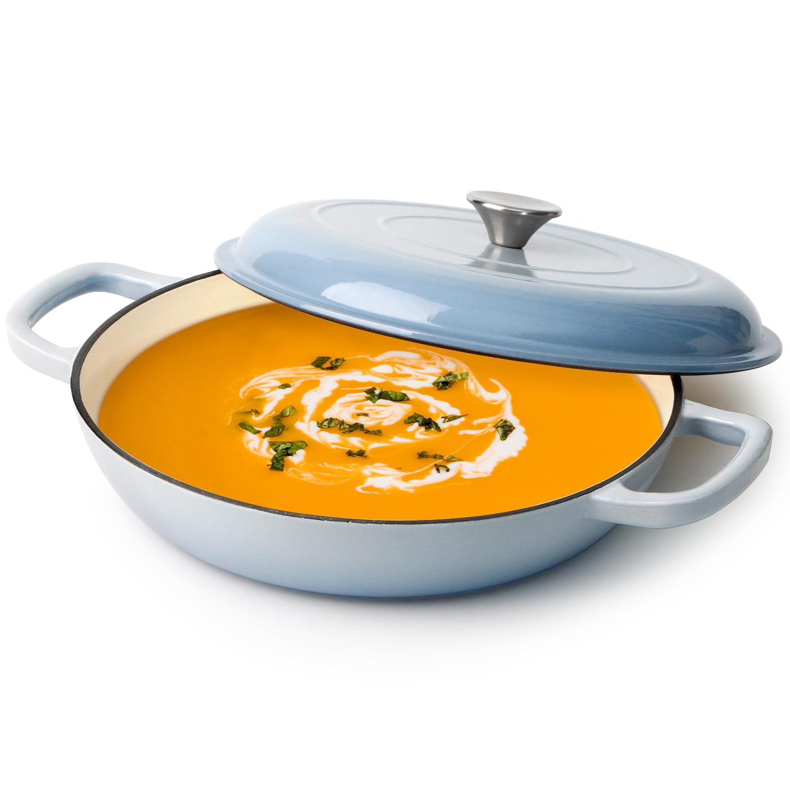 NUTRIUPS 3.6 Quart Braiser Enameled Cast Iron Dutch Oven Pot with Lid, Dutch Oven Cast Iron Non Stick Larger Handle, Cast Iron Braiser Pan with Lid Enameled Dutch Oven (Gradient Blue)