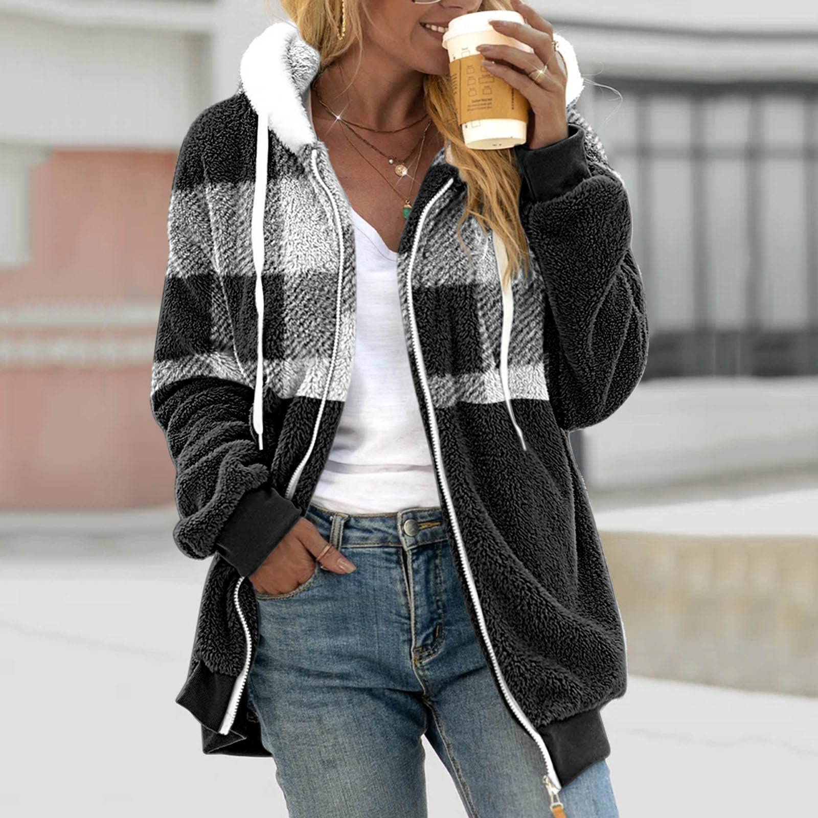 Women's Plaid Fleece Hooded Jacket Flannel Lined Long Sleeves Drawstring Sweatshirt Fuzzy Shirt Coat Blouse Tops