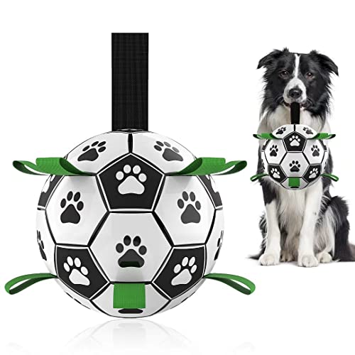 QDAN Dog Toys Soccer Ball with Straps, Interactive Dog Toys for Tug of War, Puppy Birthday Gifts, Dog Tug Toy, Dog Water Toy, Durable Dog Balls World Cup for Small & Medium Dogs(6 Inch)