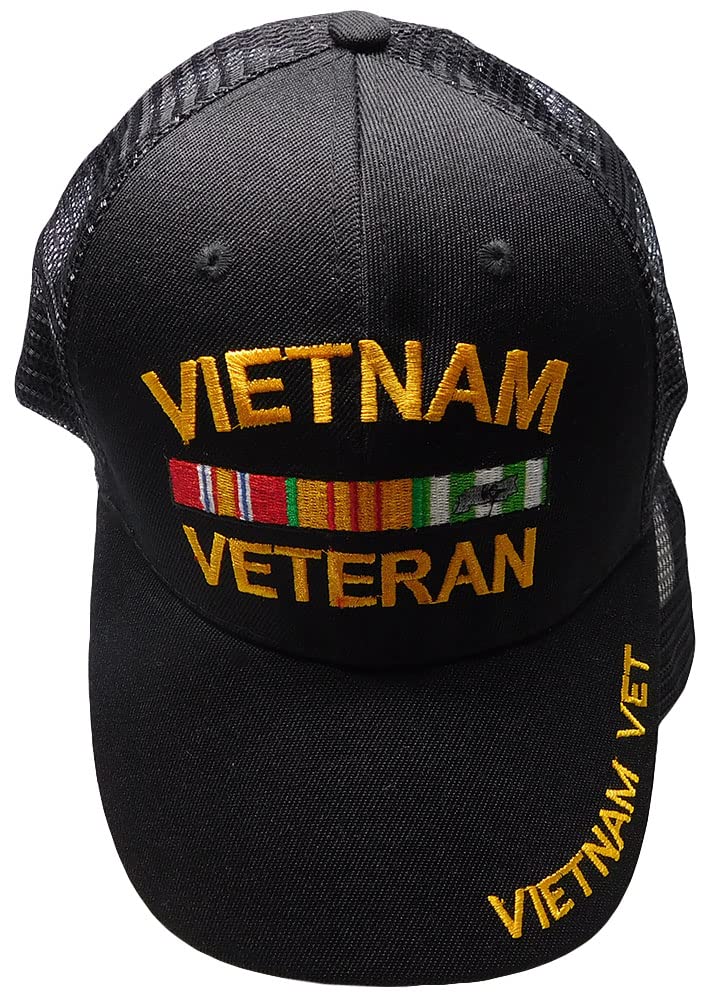 Vietnam Veteran Vet Ribbon Mesh Trucker Black Acrylic Adjustable Embroidered Baseball Hat Cap