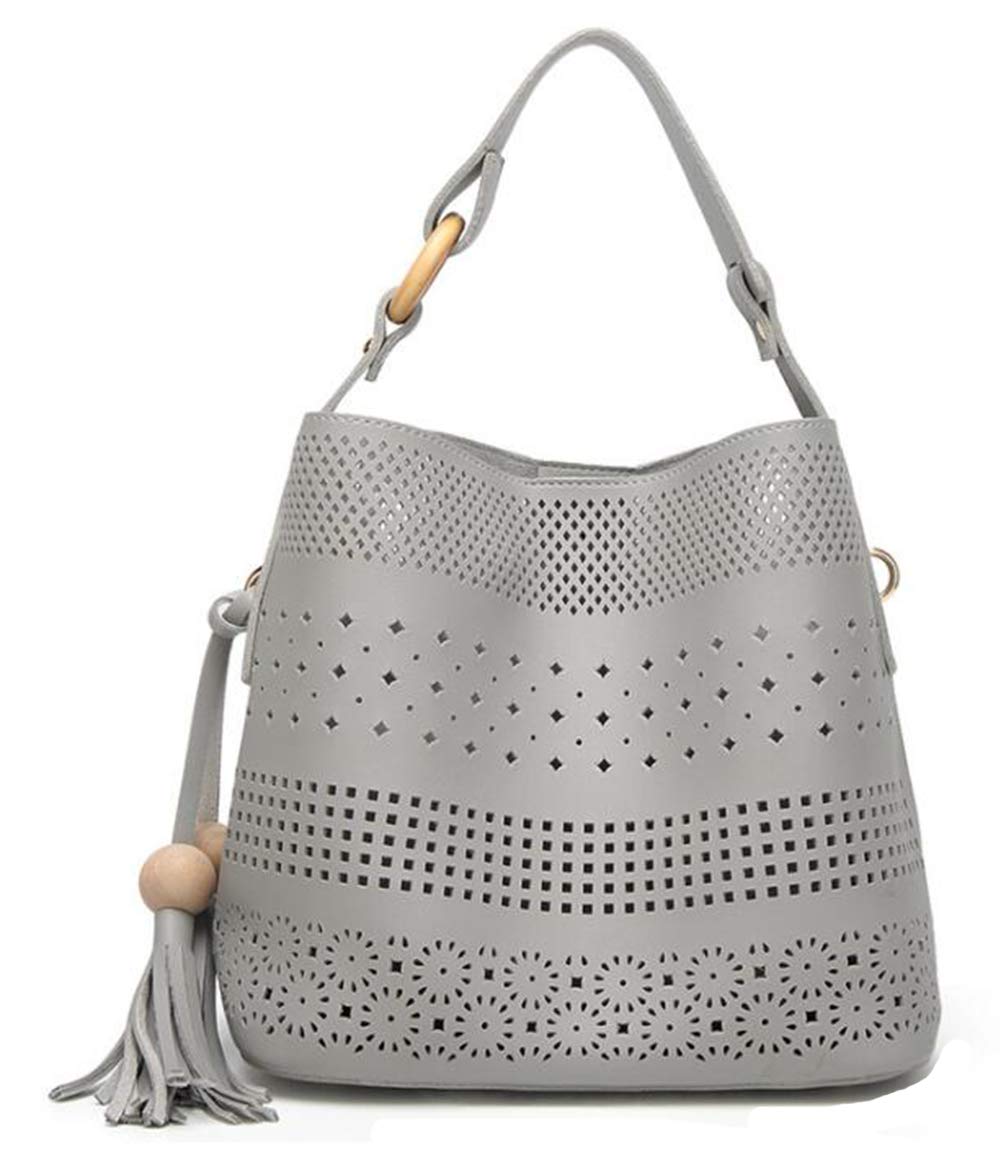 SMALLBLUER Women PU Leather Tassel Cutout Tote Hobo Clutches Shoulder Crossbody Bags Backpack Satchels-Gray