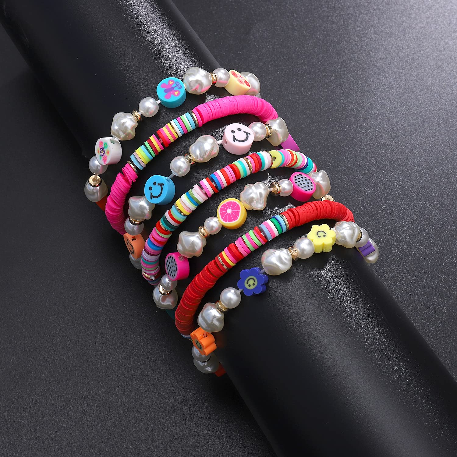 XOCARTIGE Beaded Stretch Bracelets for Women Colorful Clay Fruit Happy Face Bead Bracelet Rainbow Heishi Bracelet Set Stackable Pearl Y2K Bracelets Summer Beach Accessory (7PCS Happy Face Bracelet)