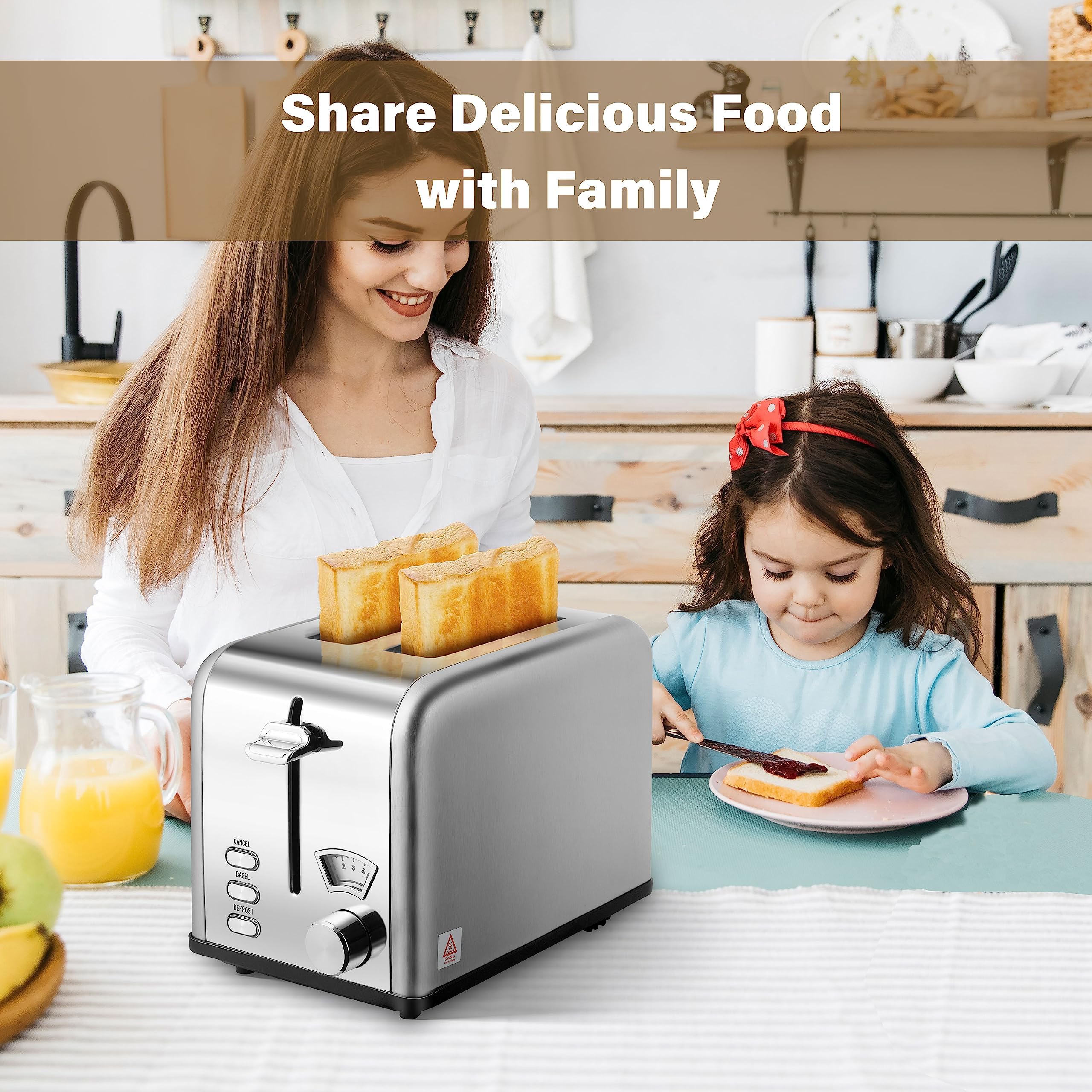 Simple Deluxe 1.5" Wide Slot 2-Slice Toaster, 5 Browning Setting and 3 Function, Retro Stainless-Steel Style, Removable Crumb Tray, Kitchen Essentials, for Bagel, Silver
