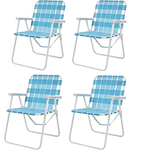 WEJOY 4 Pack Set Lightweight Folding Webbed Beach Chairs Webbing Beach Chair Web Lawn Chair Portable Chairs High Back Fold up Outdoor Chairs with Shoulder Strap for Patio Garden Concert Sand Blue/Grey