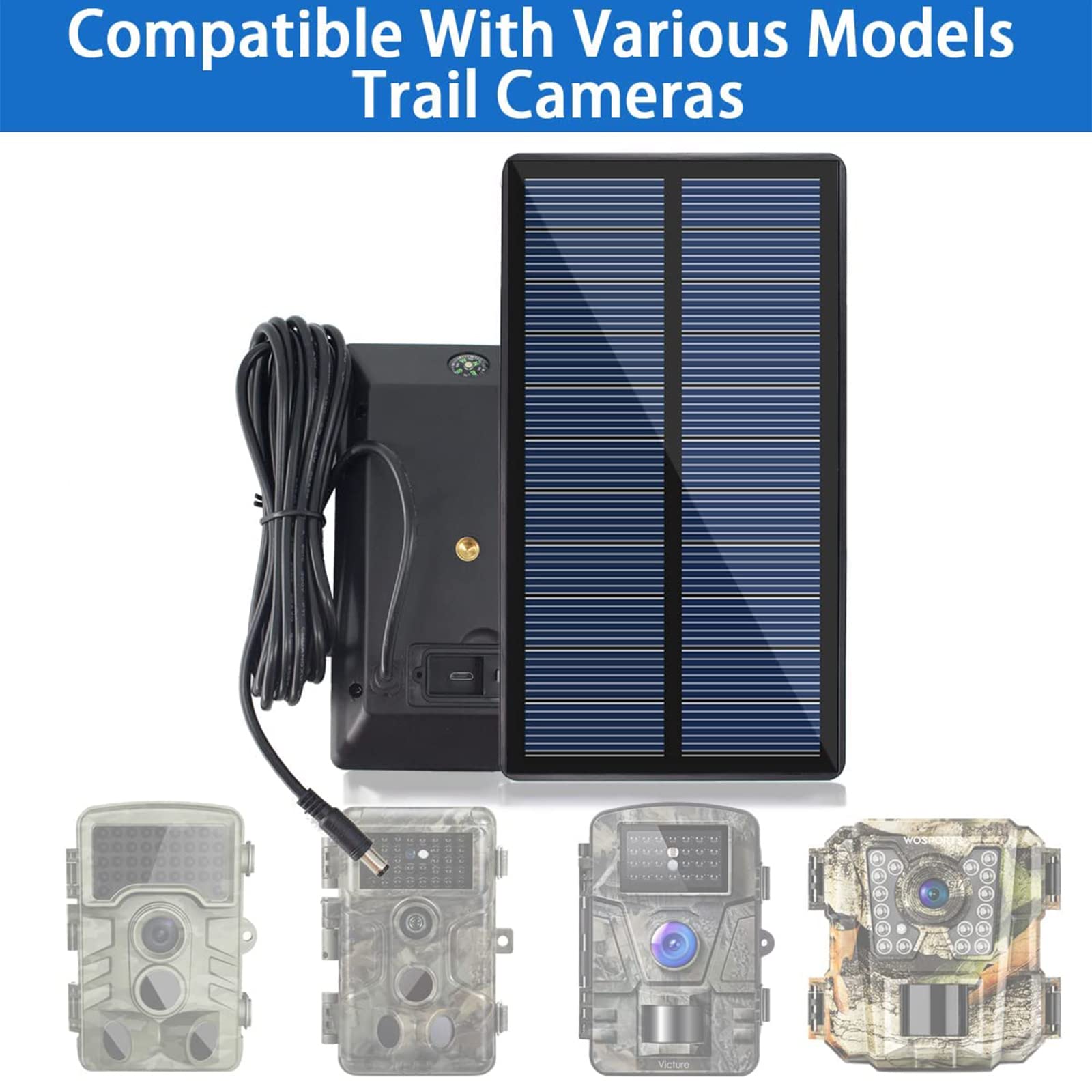 Trail Cameras Solar Panel,12V/1A 6V/2Awith Build-in 5200mAH Rechargeable Lithium Battery,IP68 Waterproof Hunting Accessory,Compatible with Hunting Game Cameras