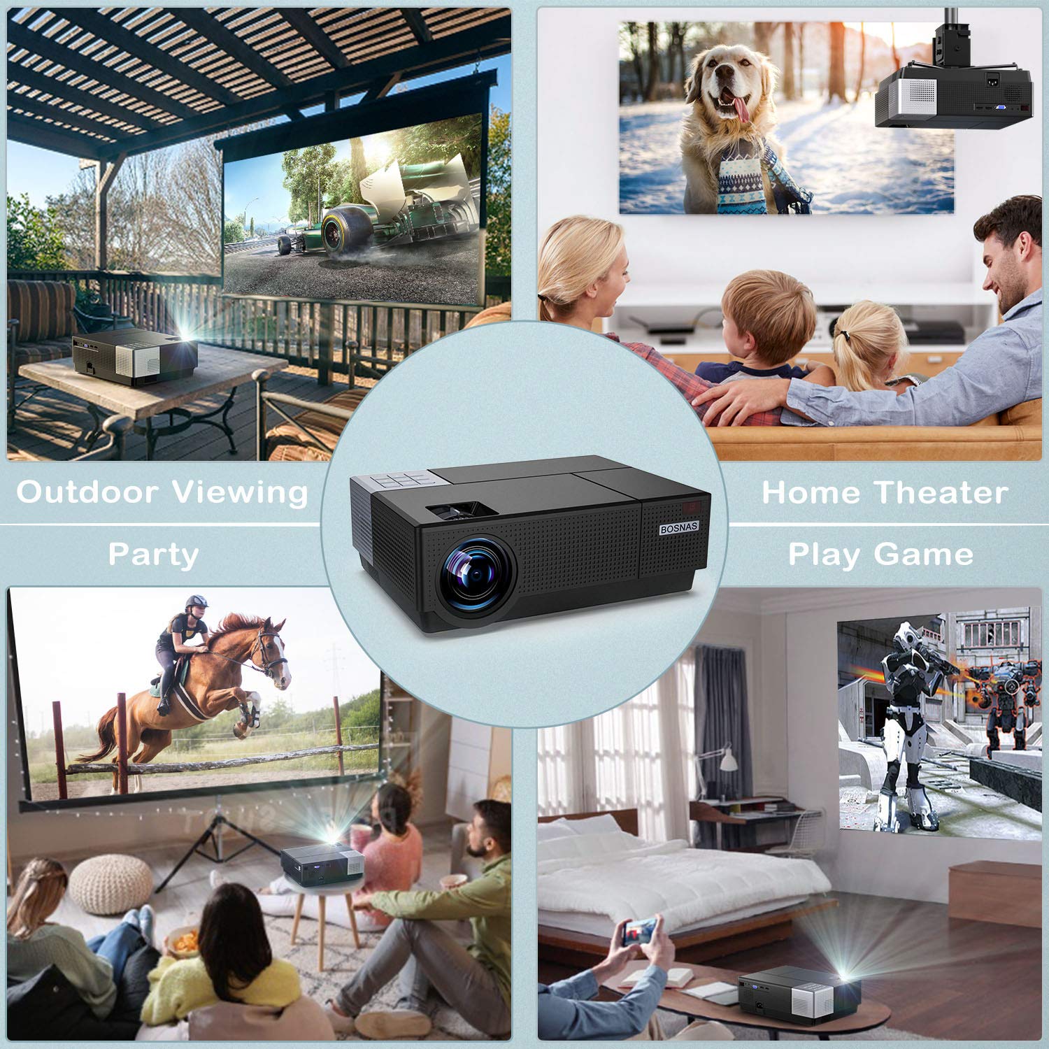 Projector, BOSNAS 8000 Lux Home Video Projectors, 1920×1080P, Support 300" Screen Playing with Hi-Fi Speakers and 4-D Keystone Correction, Compatible with TV Stick/Phone/Laptop/DVD Player/PS4