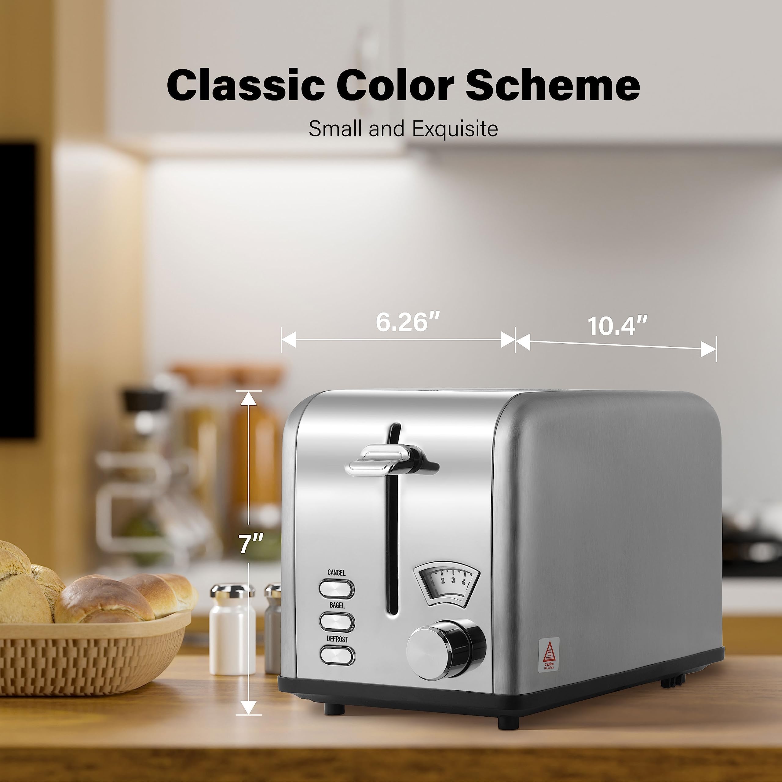 Simple Deluxe 1.5" Wide Slot 2-Slice Toaster, 5 Browning Setting and 3 Function, Retro Stainless-Steel Style, Removable Crumb Tray, Kitchen Essentials, for Bagel, Silver