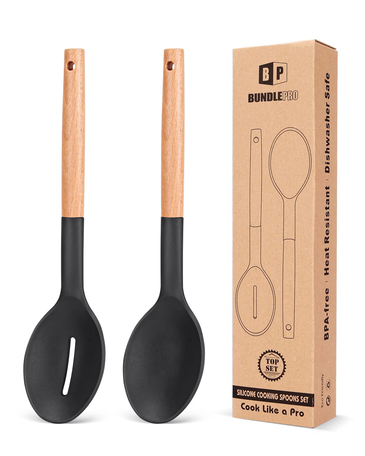 Pack of 2 Large Silicone Cooking Spoons,Non Stick Wooden Solid Spoon,Heat-Resistant Kitchen Utensils with Short Wooden Handle for Mixing,Serving,Draining,Stirring,Basting
