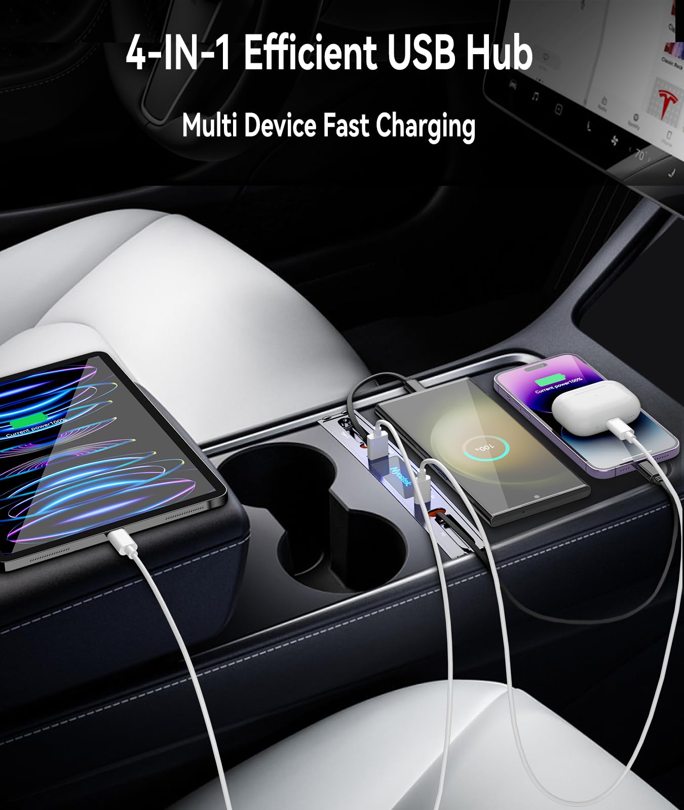 Nycetek Upgraded Tesla USB Hub - QC 3.0 Center Console Fast Charger Adapter for Tesla Model 3/Y (2021-2023) Accessories - 2.6ft Retractable Cables for All Phones