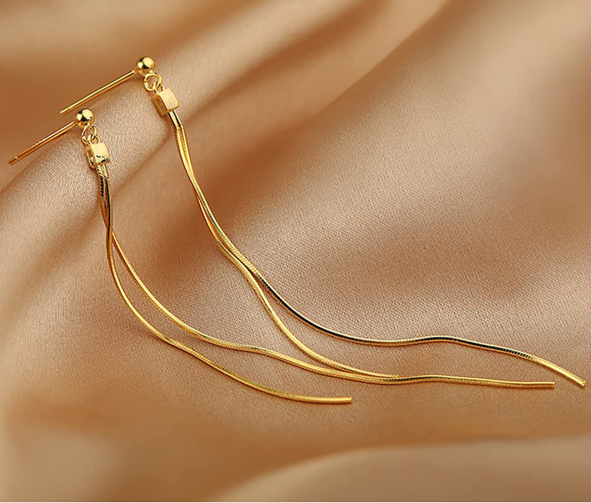 Reffeer Solid 925 Sterling Silver Tassel Chain Dangle Earrings for Women Teen Girls Long Dangle Drop Earrings Minimalist (B-18K Gold)