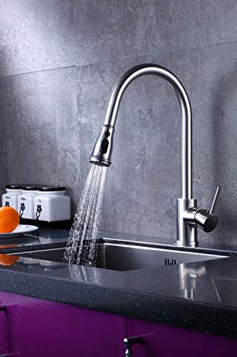 Simple Deluxe HIFUCTHSBNOH16SH8SR8 Lead-Free Brushed Nickel Solid Brass Single Handle Pull Down Sprayer Sink Kitchen Faucets, Style 1