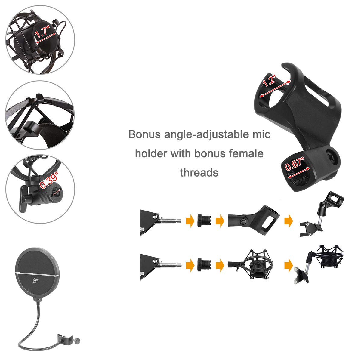 Solar-Power Condenser Microphone, Professional Studio Broadcasting Recording Mic with Adjustable Microphone Suspension Scissor Arm Stand Shock Mount, Mounting Clamp Kit and USB Audio Adapter, BM-800