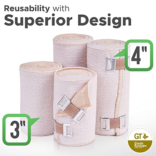 Premium Elastic Bandage Wraps (4" 2pack & 3" 2Pack) Metal Clip Fasteners - GT Latex Free Roll for Sprains & Injuries