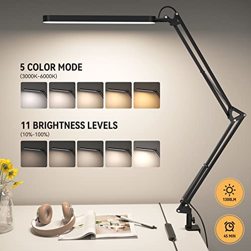 SKYLEO Desk Lamp for Home Office - 33" LED Desk Light - Touch Control - 5 Color Modes X 11 Brightness Levels - 1300ML(112 Pcs Lamp Beads) - Timmer & Memory Function - 12W Metal Clamp Lamp - Black