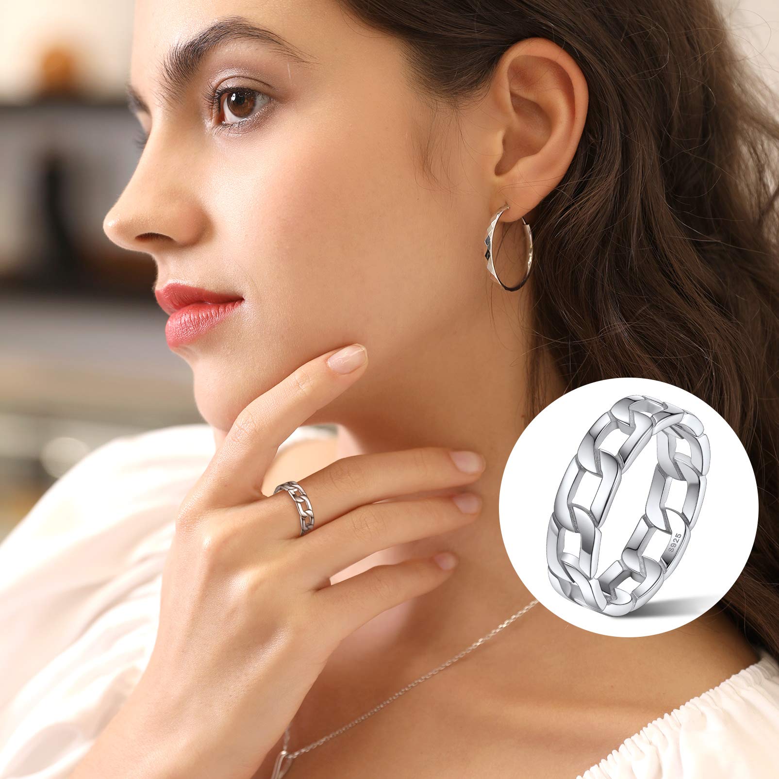 Silvora Thumb Rings for Men Sterling Silver Solid Cuban Chain Rings Nice Looking Women Stackable Rings Size 10