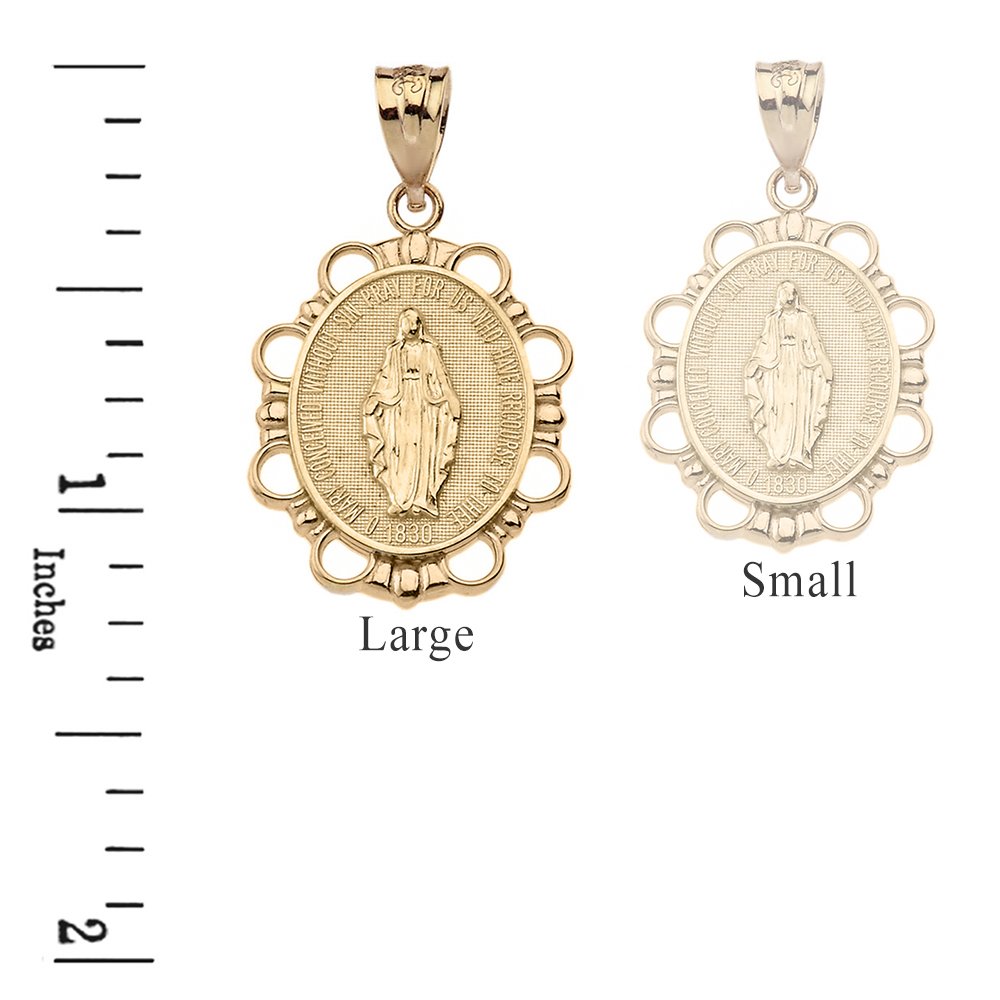 Religious Jewelry Solid 10k Yellow Gold Miraculous Medal Of Blessed Virgin Mary Pendant (Large)