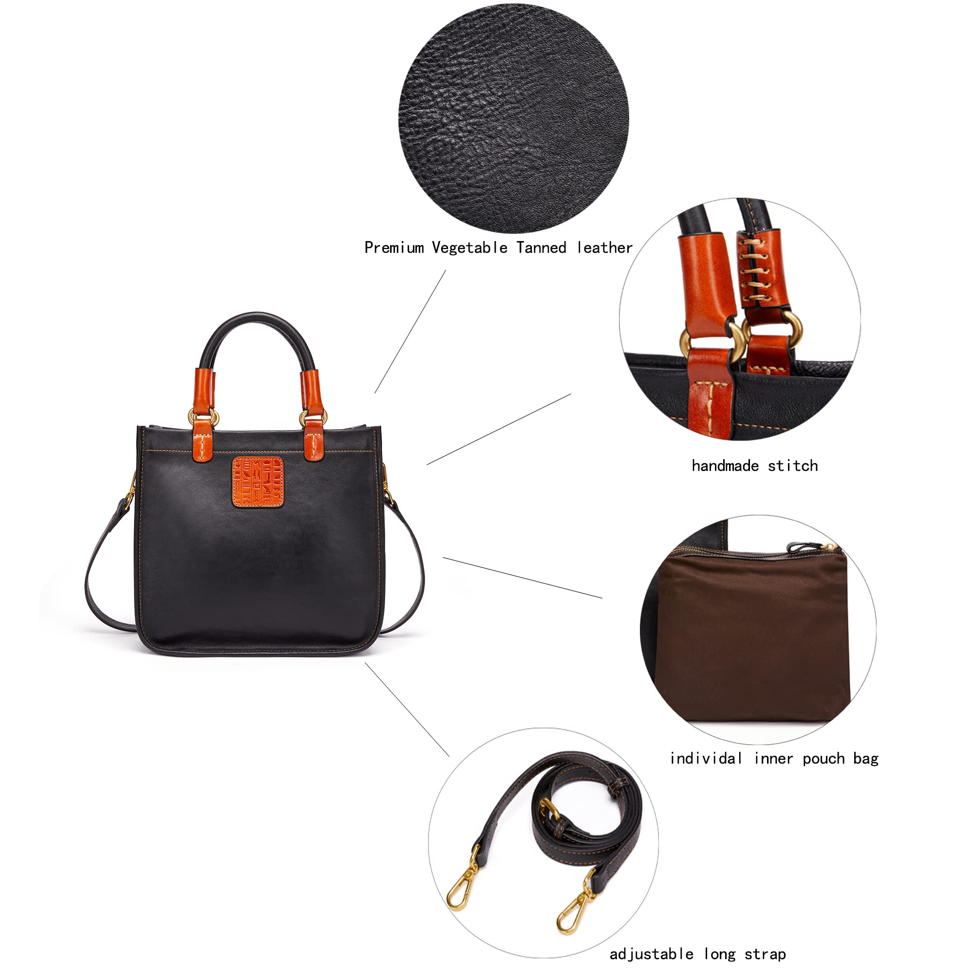 Vintage Leather Tote Bag For Women Casual Top Handle Shoulder Purse With Wide Straps (1-Black)