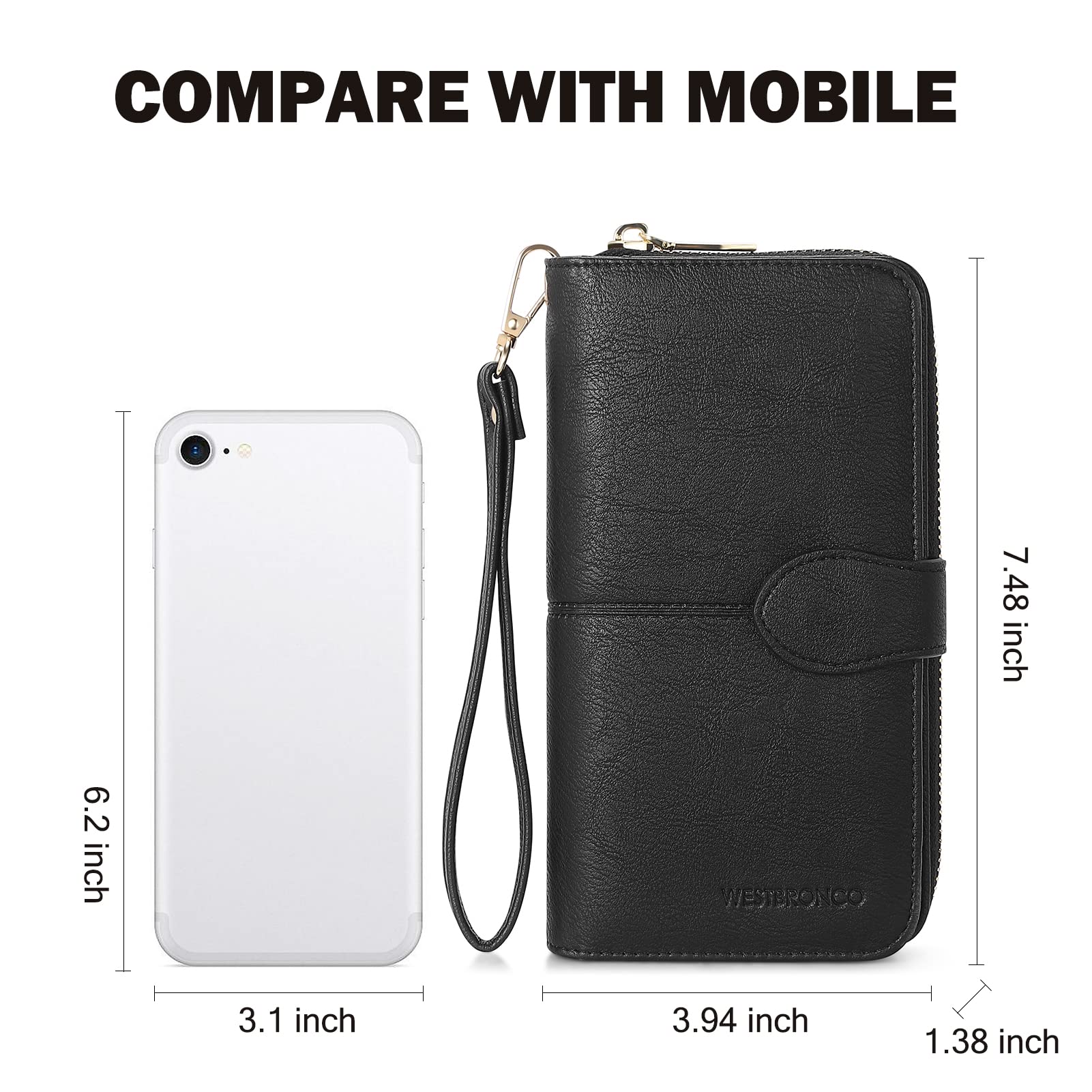 WESTBRONCO Women's Wristlet Handbags Leather Wallet Bifold Ladies Cluth Credit Card Holder Black
