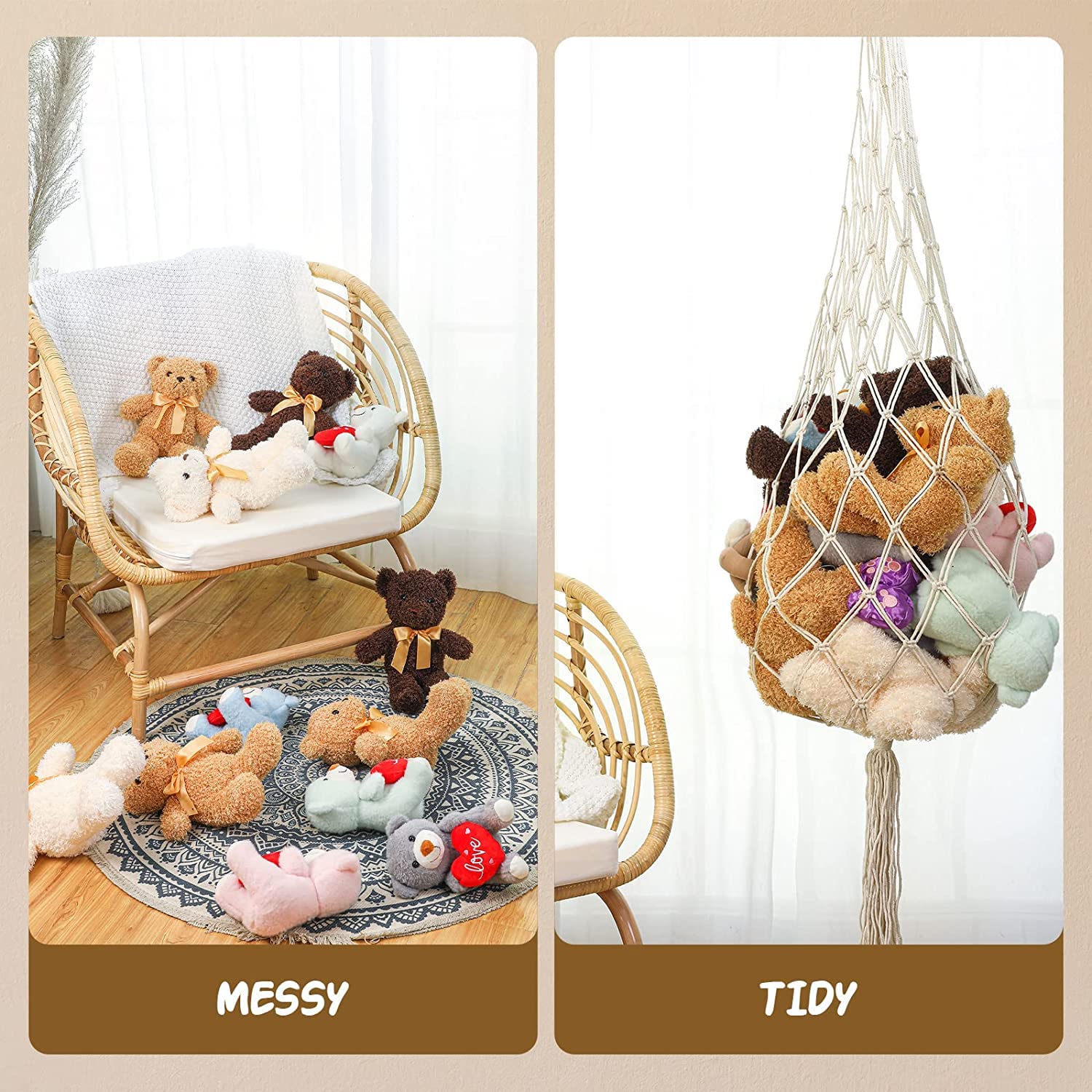 Stuffed Animal Net Large Toy Hammock Macrame Plush Toy Display with One Hook for Corners, Walls and Ceiling Hanging Net Stuff Animal Storage for Kid Room Bedroom Playroom (Beige)