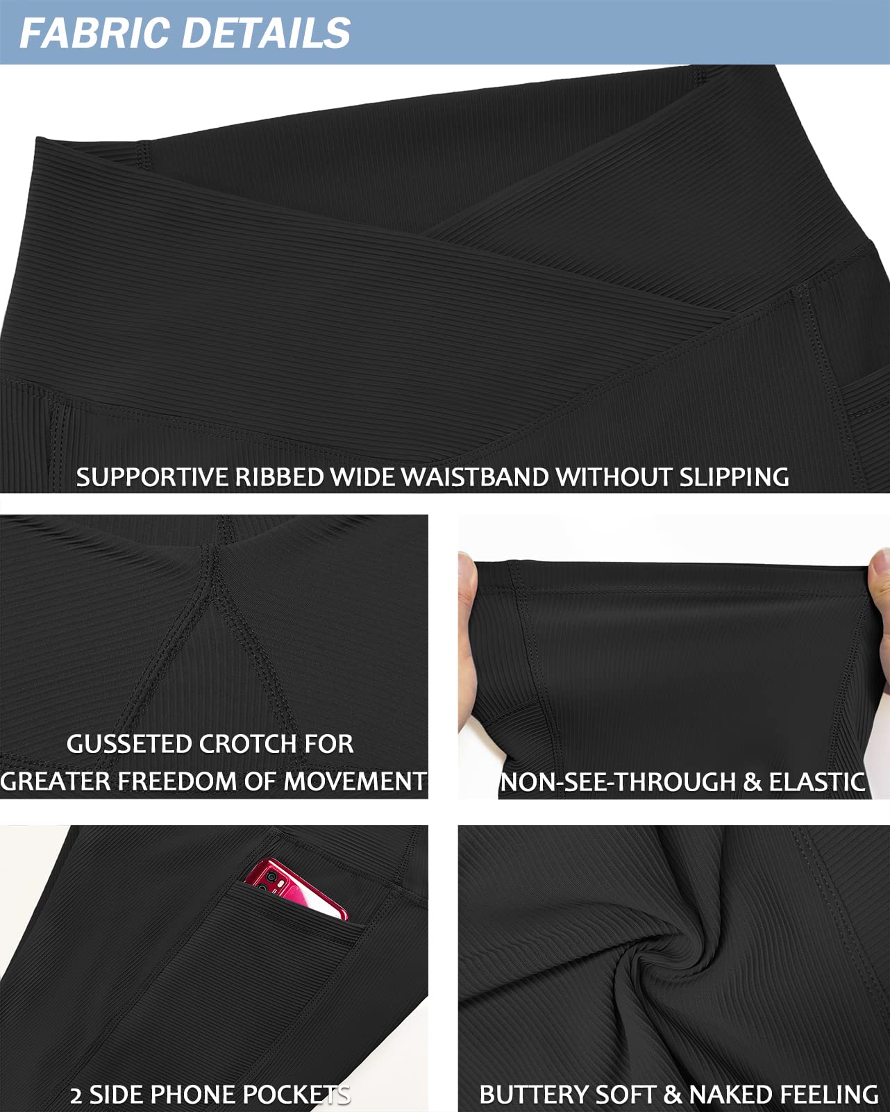 Women's V Cross Waist Workout Biker Ribbed Shorts with Pockets 5" High Waisted Booty Gym Short Black