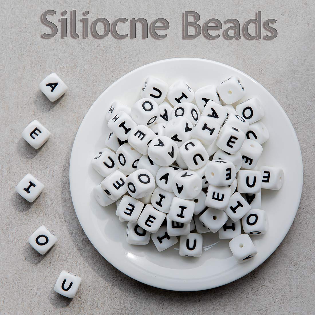 Promise Babe 12mm Square Silicone Alphabet Beads 40pc Vowel AEIOU Letters for DIY Nursing Necklace Baby Teething Beads