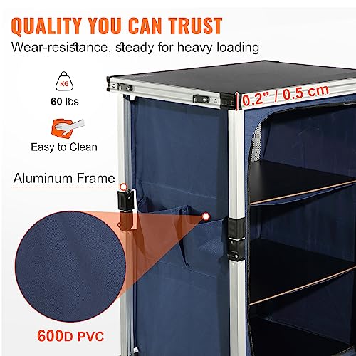 VEVOR Camping Kitchen Table Storage, Outdoor Pop-up Aluminum Portable Folding Cook Station with 3-Tier Organizer, Side Pocket & Carrying Bag, Quick Set-up for BBQ Party Backyard RV Traveling, Blue