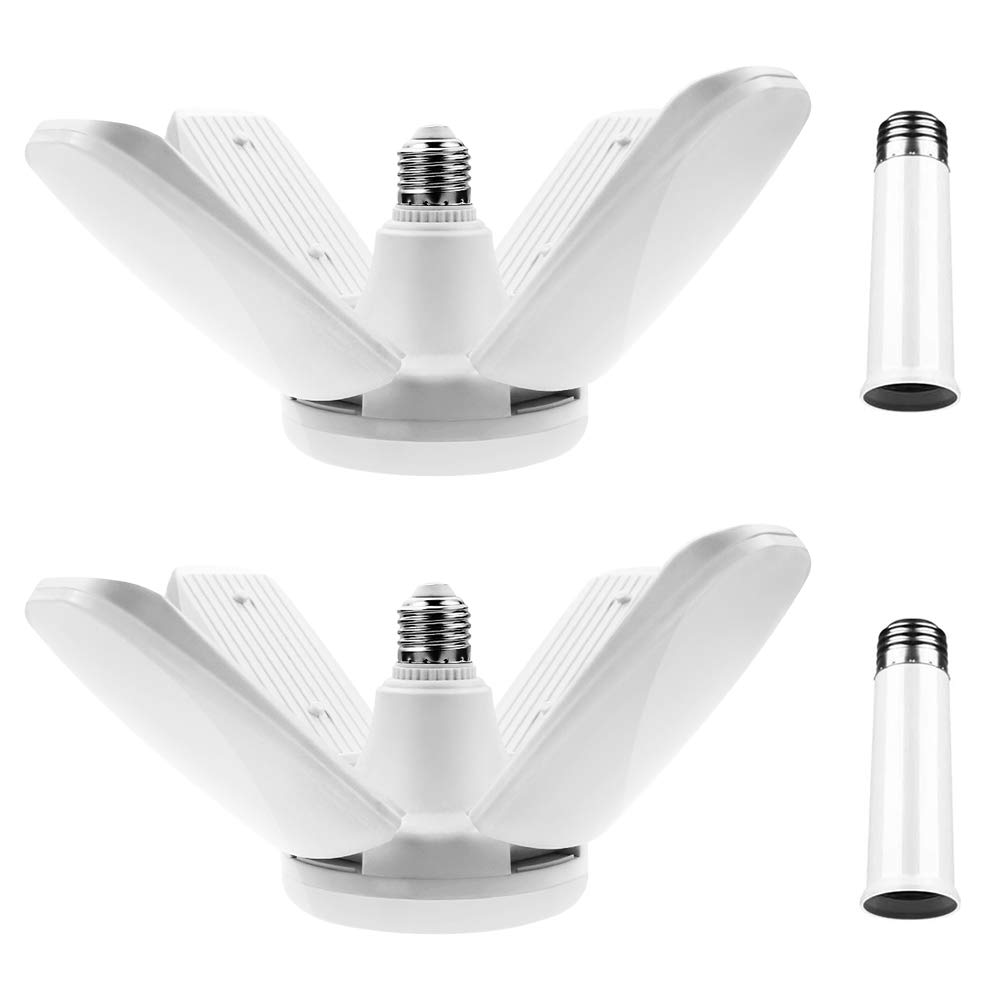 Samsion LED Garage Lights 2 Pack 60W Deformable Garage Light Ceiling LED 6000lm Daylight White 6500K E26 E27 Tribright LED Workshop Light with 4 Adjustable Panels for Basement Barn Storage Warehouse