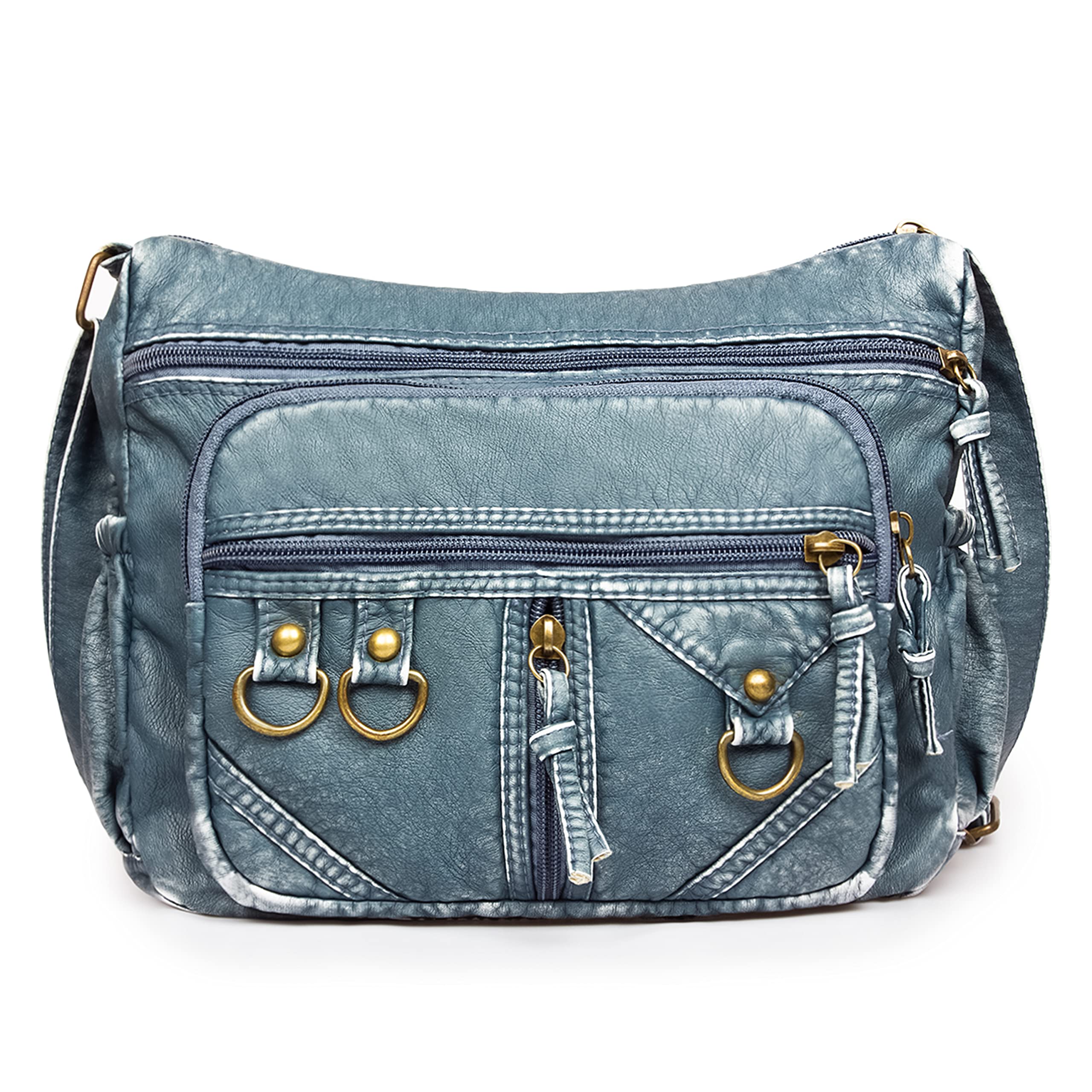 Women's Vintage Soft PU Leather Crossbody Bag Multi Pocket Purses and Handbag Ladies Lightweight Travel Shoulder Bag (761-2-Blue)