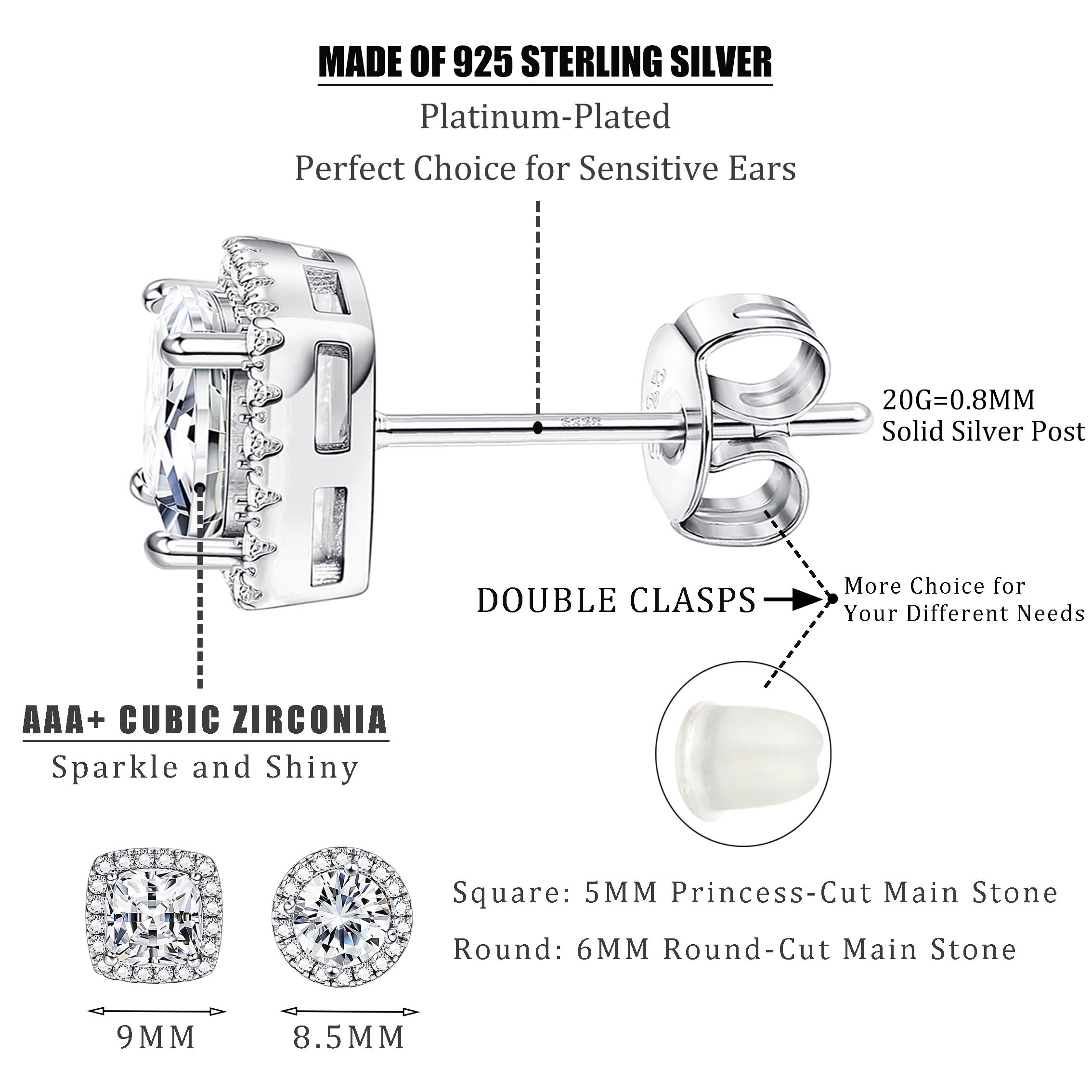 Sllaiss 925 Sterling Silver Cubic Zirconia Halo Stud Earrings for Women Round & Square Cut CZ Earrings Set