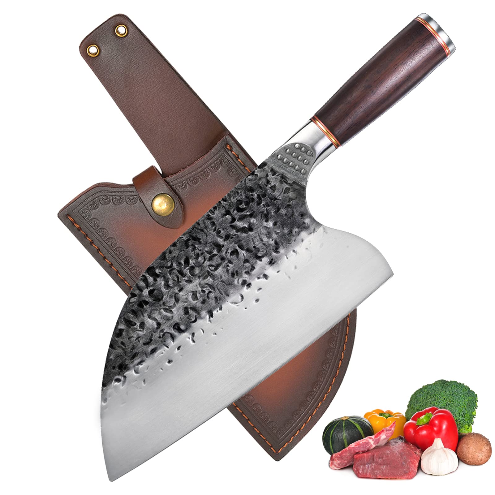 Promithi Japanese High Carbon Steel Forging Handmade Kitchen Chef Knife with Sheath, Used for Cleaver Butcher Chopper Boning, Documas Plaid,Wooden Handle (brown)