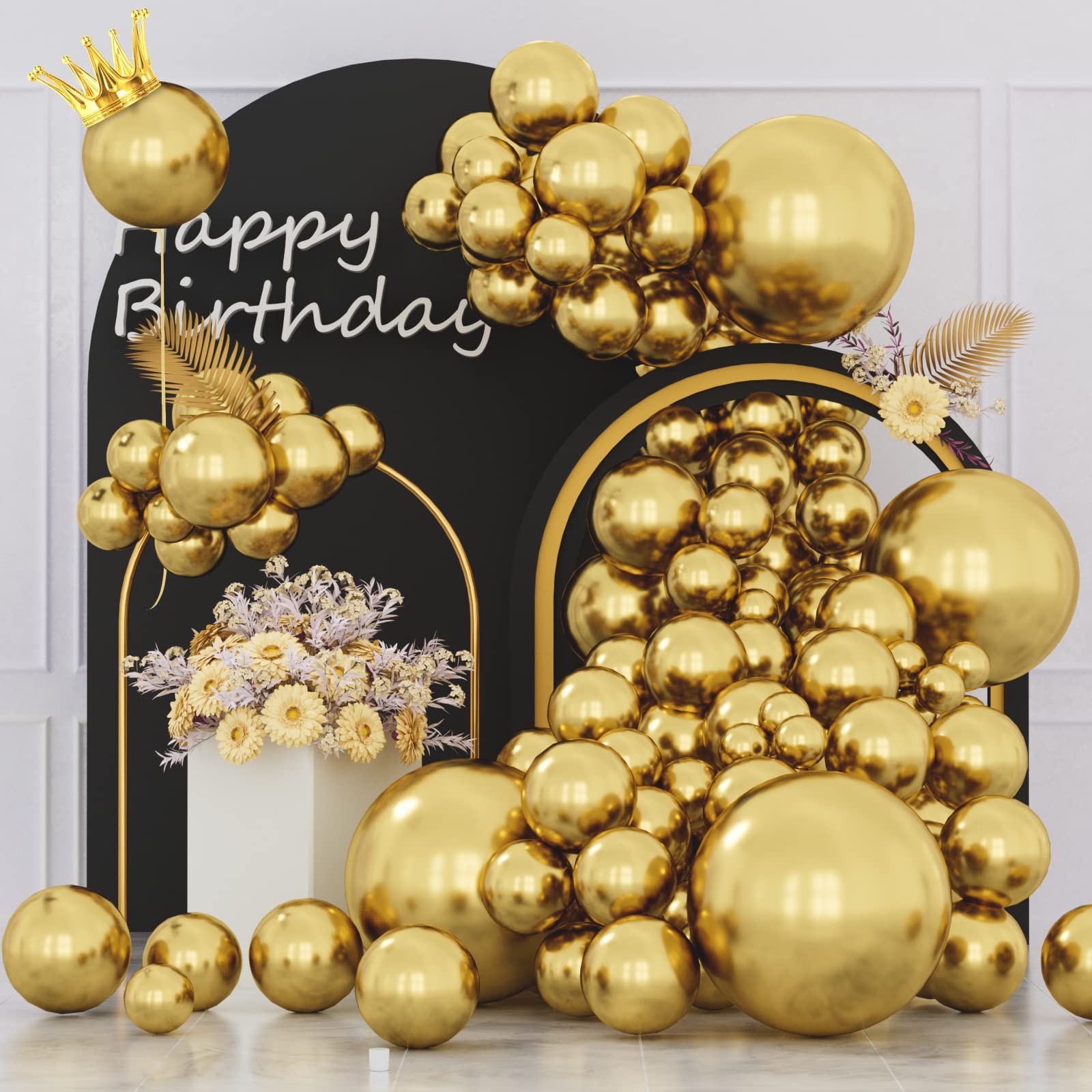 Styirl 130pcs Metallic Gold Balloons Garland Kit - Gold Latex Balloons Different Sizes 18 12 10 5 Inch Party Balloon Kit for Birthday Party Graduation Baby Shower Wedding Holiday Balloon Decoration