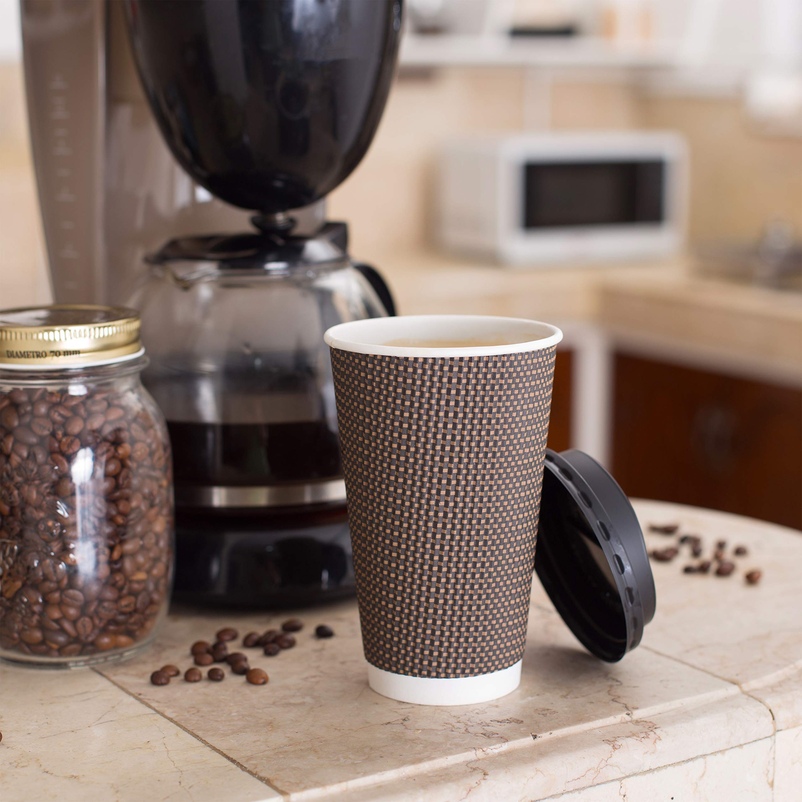 Promora Brown Disposable Coffee Cups With Lids 16 oz, Premium Insulated Paper Ripple Cups for Hot Coffee, Paper Cups 16 oz Coffee Cups 16 oz, Hot Cups With Lids 16 oz, Paper Coffee Cups (80 Pack)