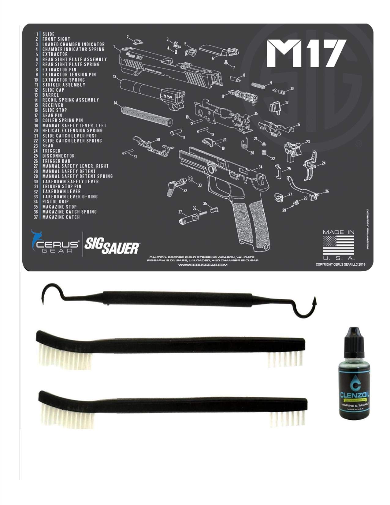 SIG M17 5 PC EDOG Cerus Gear Schematic (Exploded View) Heavy Duty Pistol Cleaning 12x17 Padded Gun-Work Surface Protector Mat Solvent & Oil Resistant & 3 PC Cleaning Essentials & Clenzoil
