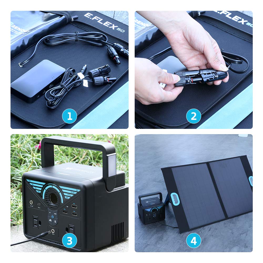 Renogy 50W Portable Solar Panel Charger Foldable Power Station Explorers, Generators, Smartphones, Tablets with USB Ports for Van, RV, E.Flex 50