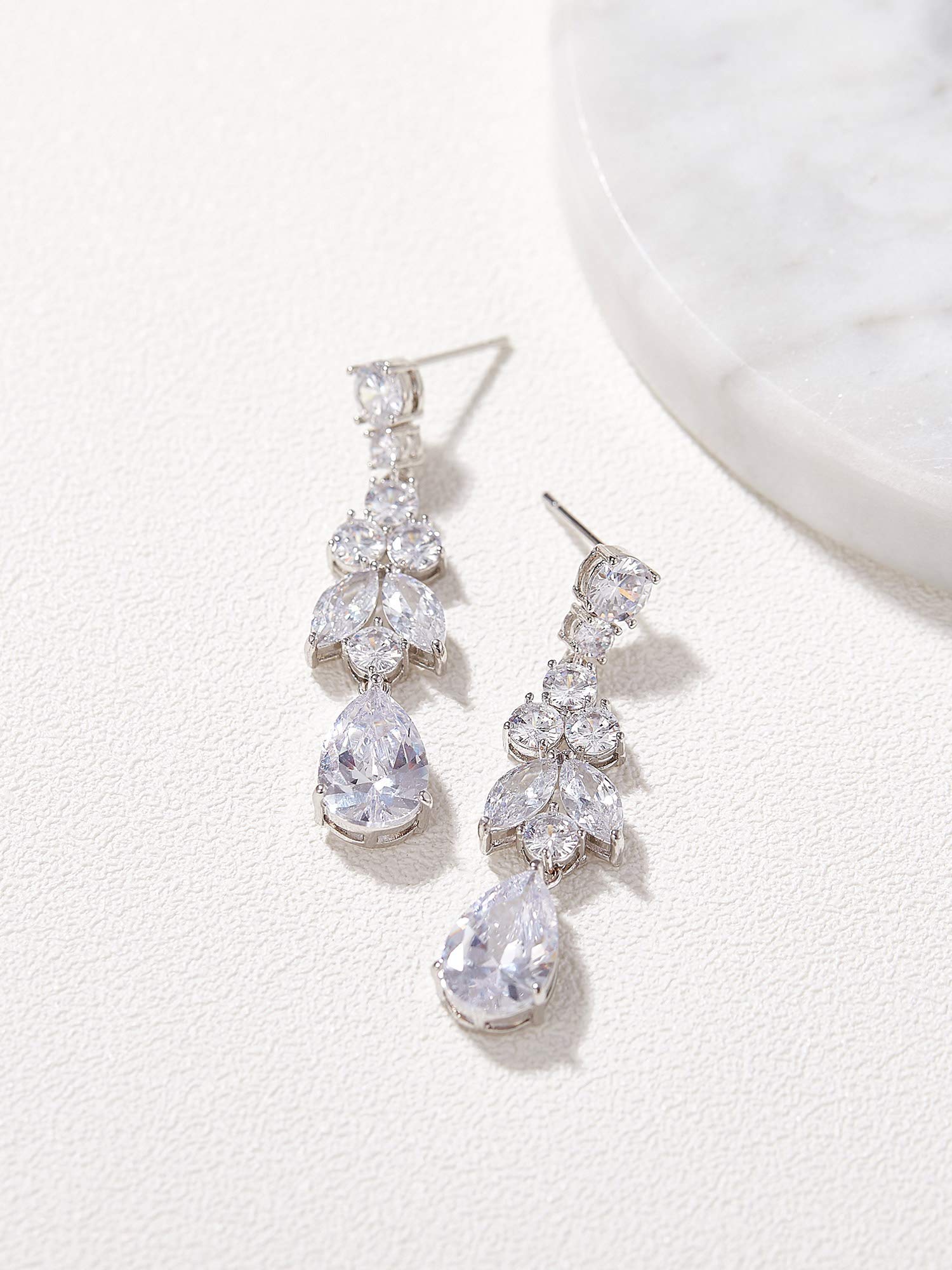 SWEETV Teardrop Wedding Bridal Earrings for Brides, Bridesmaids, Silver Crystal Cubic Zirconia Dangle Drop Earrings for Women Prom Gifts