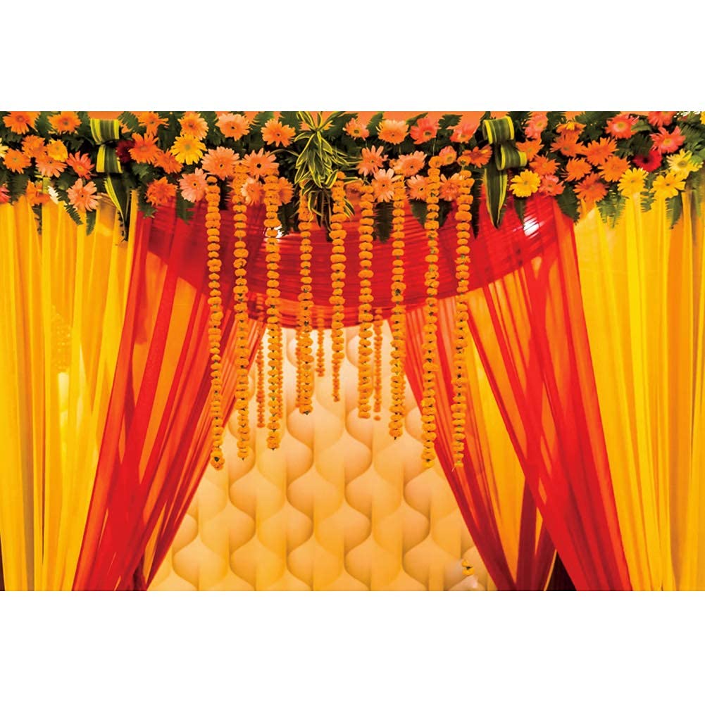 YongFoto 9x6ft Happy Diwali Backdrop Banner Indian Traditional Backdrop Happy Holi Backdrop Hindu Indian Wedding Background Flower Garland Yellow Tulle Curtain Anniversary Backdrop