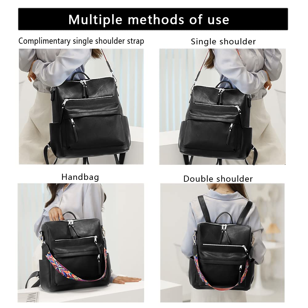 ROOSALANCE Leather Women Backpack Purse Fashion Large Multipurpose Convertible Backpack Shoulder Bag Handbags Ladies, Womens Travel Backpack Purse Black