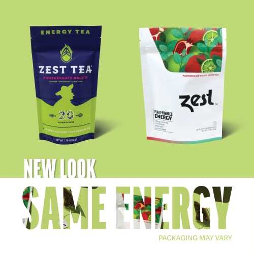 Zest 135mg High Caffeine Energy Leaf Blend - Pomegranate Mojito Green Tea - 20 Pack Bag - All Natural Strong Flavored Healthy Coffee Alternative Highly Caffeinated Substitute - Perfect for Keto