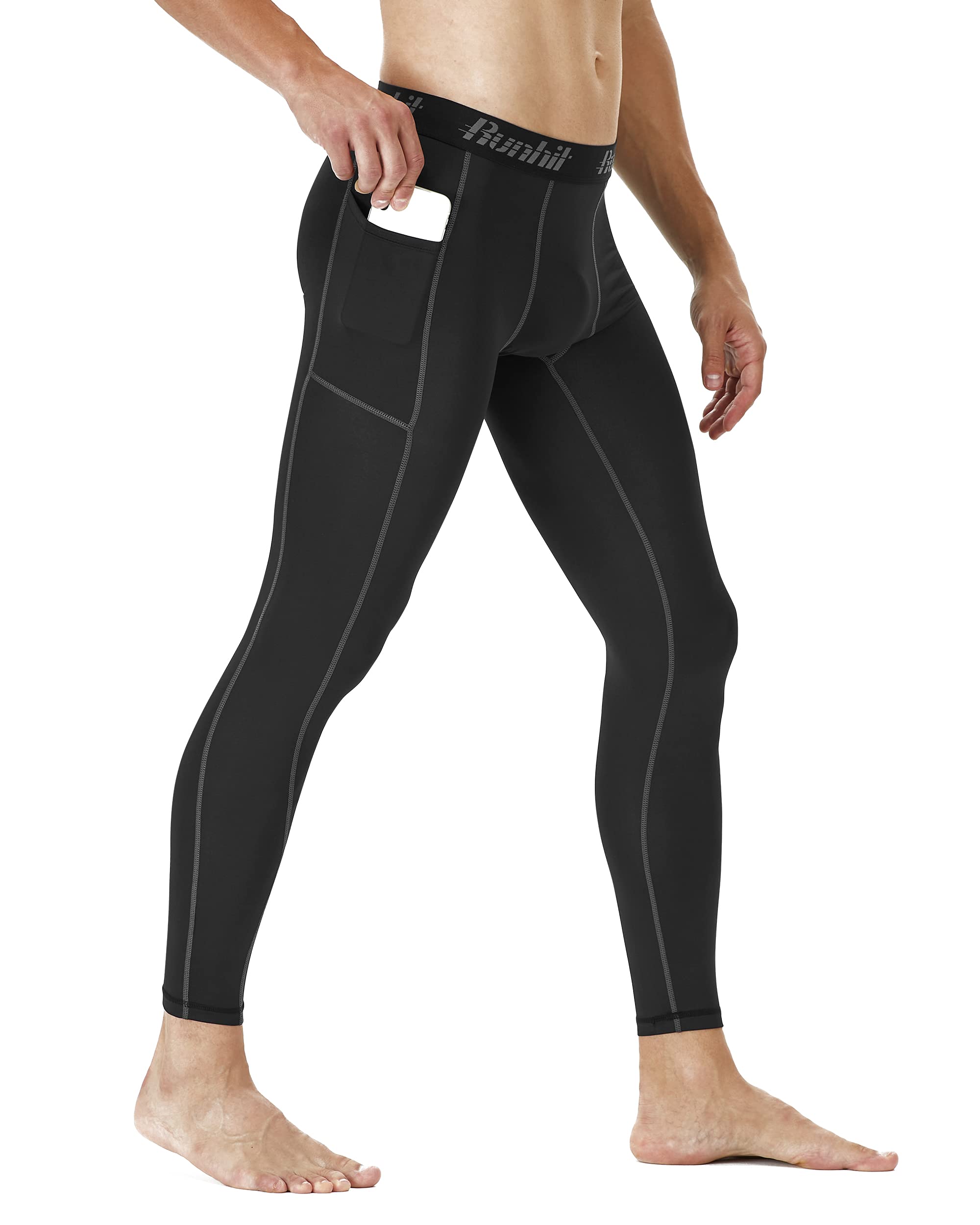 Runhit Mens Compression Pants Running Tight for Men Leggings with Pocket Workout Athletic Thermal Pants for Men Running Shorts Black Red 2 Pack Large