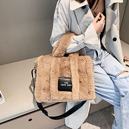 Women’s - The Tote Bag - Fluffy Shoulder Bag, Soft Faux Fur Crossbody Handbag, Trendy Plush Design, Medium Size (KHAKI)