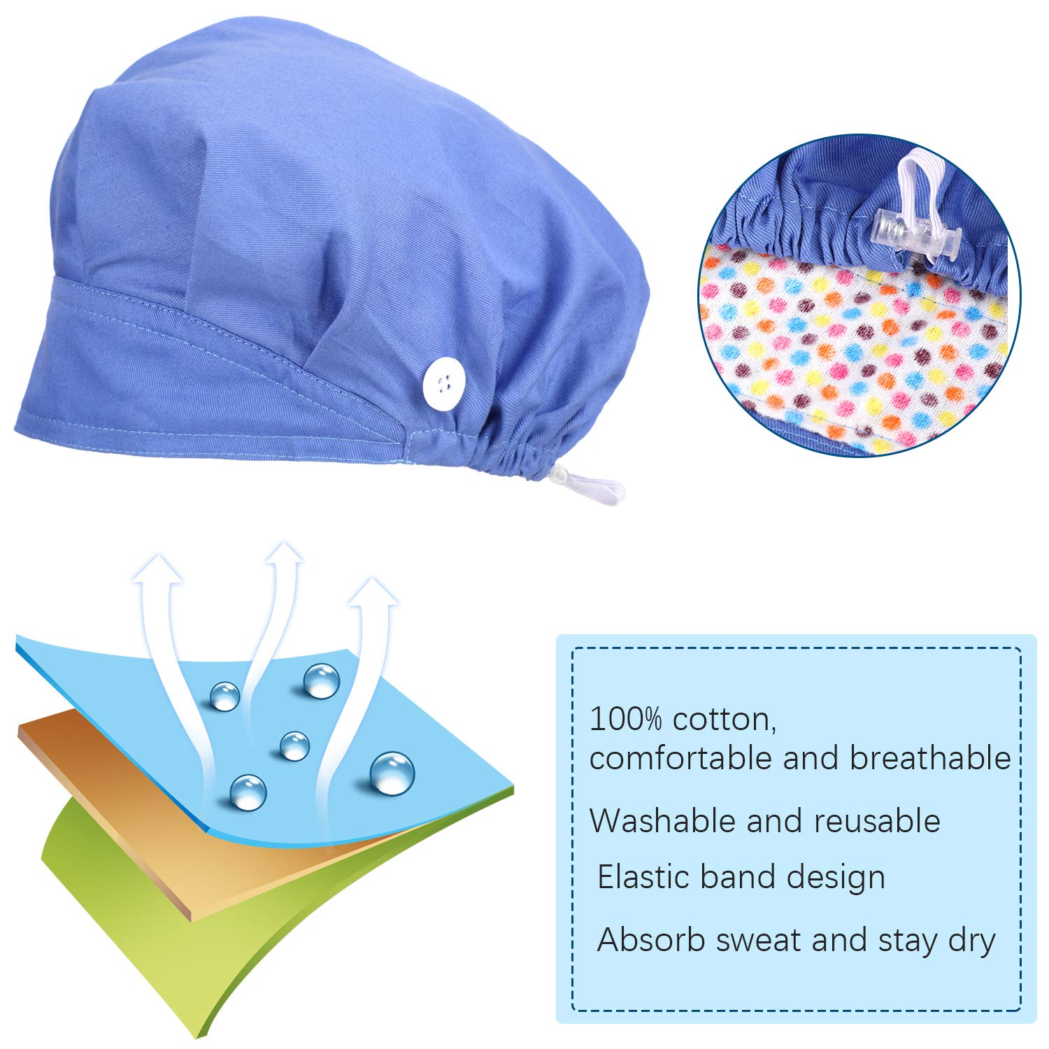 SATINIOR 7 Pieces Bouffant Hats with Buttons Headwrap Caps with Sweatband Multicolor Elastic Hair Covers for Men Women