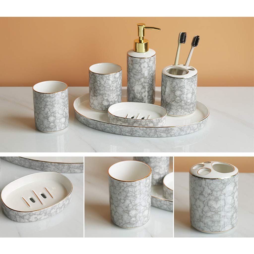 Soap Dispenser Creative Home 6-Piece Accessories Set Including Soap Soap Dispenser Toothbrush Holder Soap Dish Mug and Ceramic Practical Tray Fashion Home Decoration Gift Soap Dispen (Brown B)