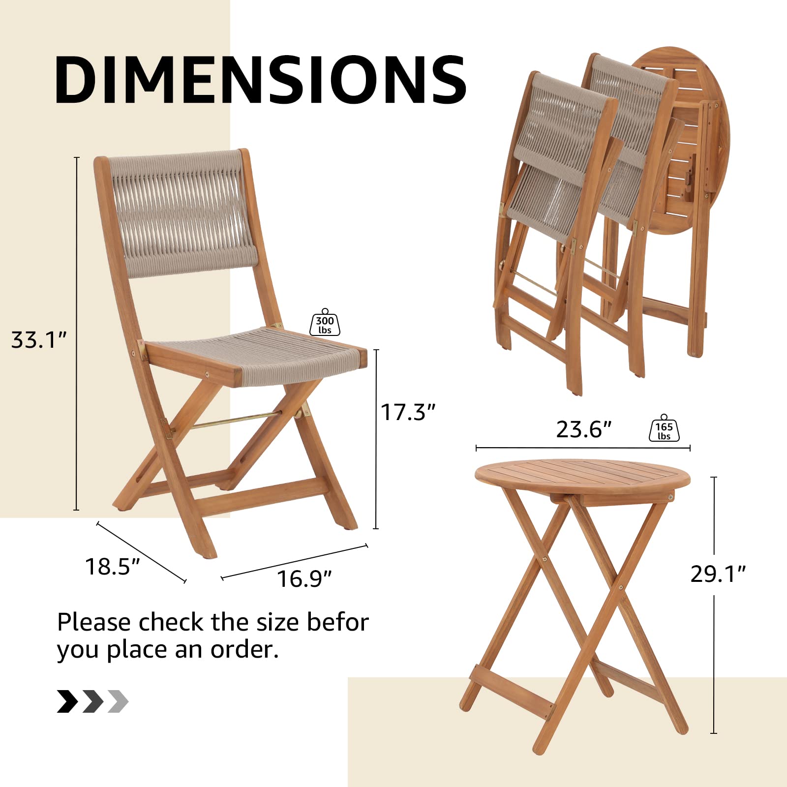 OC Orange-Casual 3 Piece Acacia Patio Bistro Set, Outdoor Compact Wood Table and Chairs Set of 2 for Apartment Balcony Front Porch Deck Yard, Beige